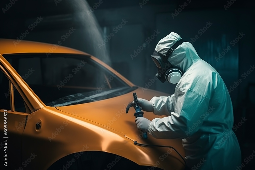 Car painter in protective clothes and mask painting a car, mechanic ...