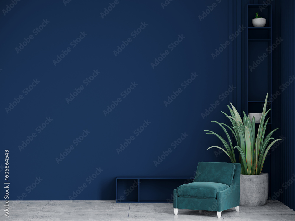 Living room in deep dark colors accent. Trendy blue interior in a ...