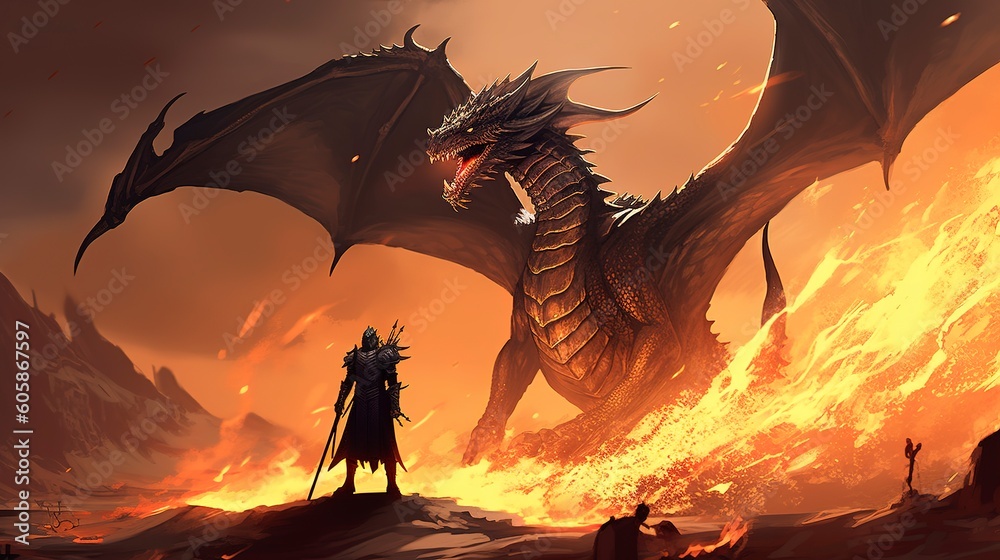 Fire breathes explode from a giant dragon on a heroic medieval knight ...