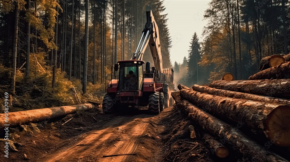 timber loader, Log stacks along forest road Generative AI Stock ...