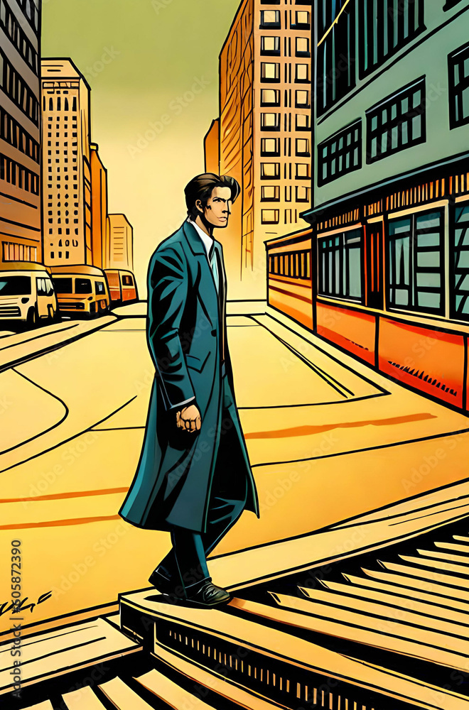 A man with black hair wearing a suit was walking on the sidewalk going ...