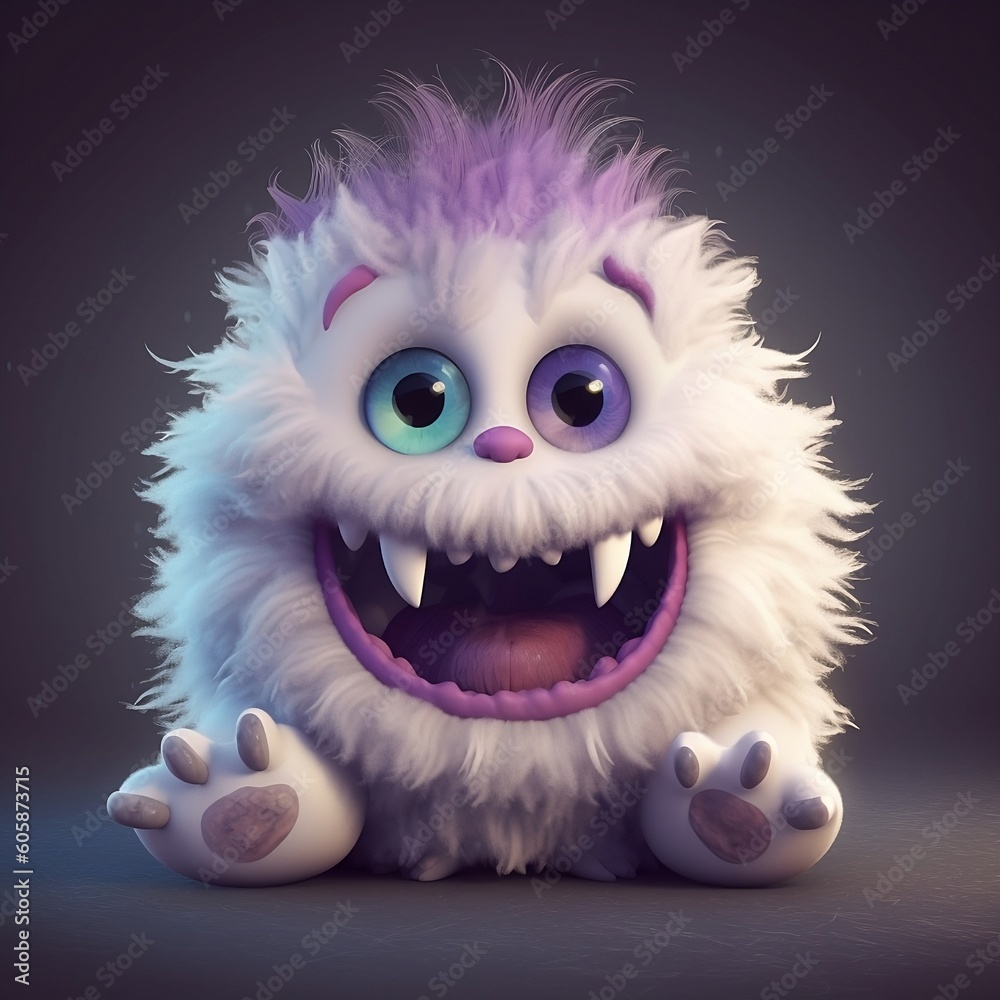 Furry and fluffy white smiling baby monster with big eyes on the grey ...