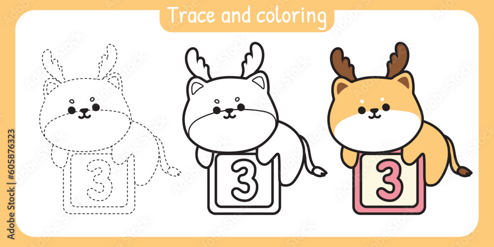 Trace and coloring page for kid.Painted book.Cute deer with number on ...