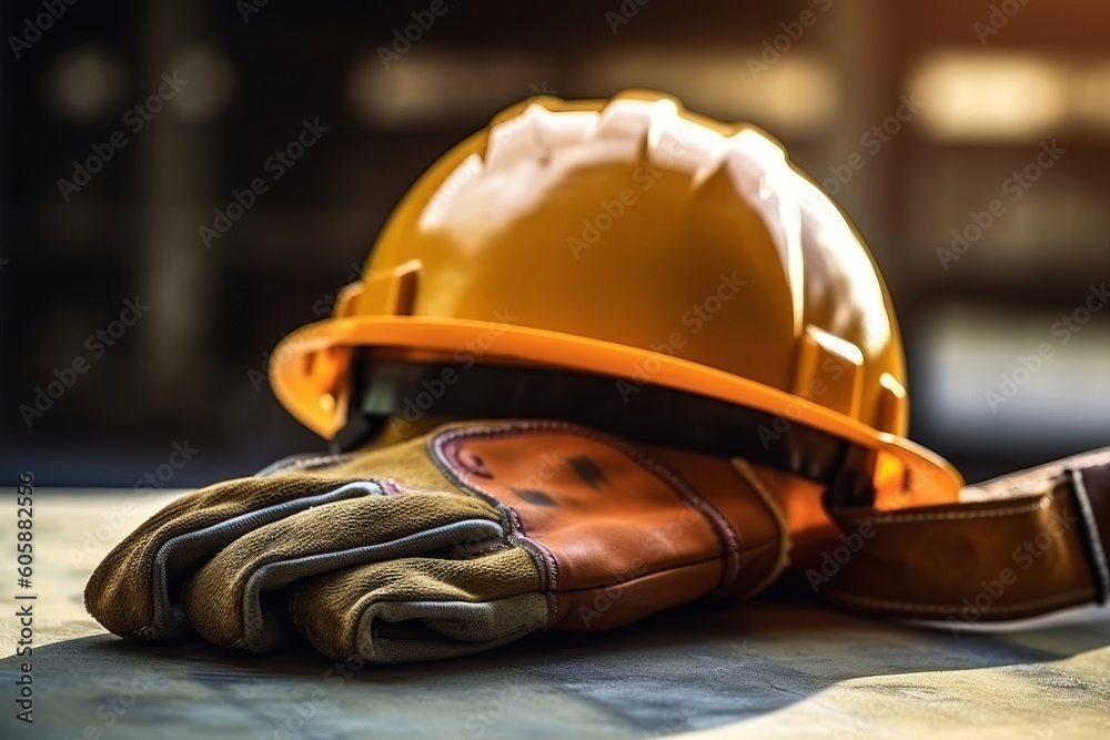 Work safety. Standard Construction site protective equipment on top ...