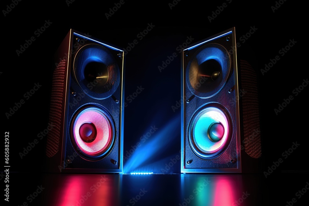 design for Two sound speakers in neon light with sound wave between ...
