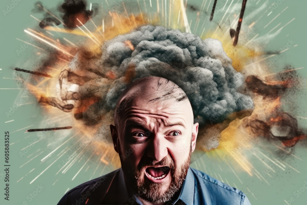 design for Art collage with an angry man. Emotional explosion, overwork ...