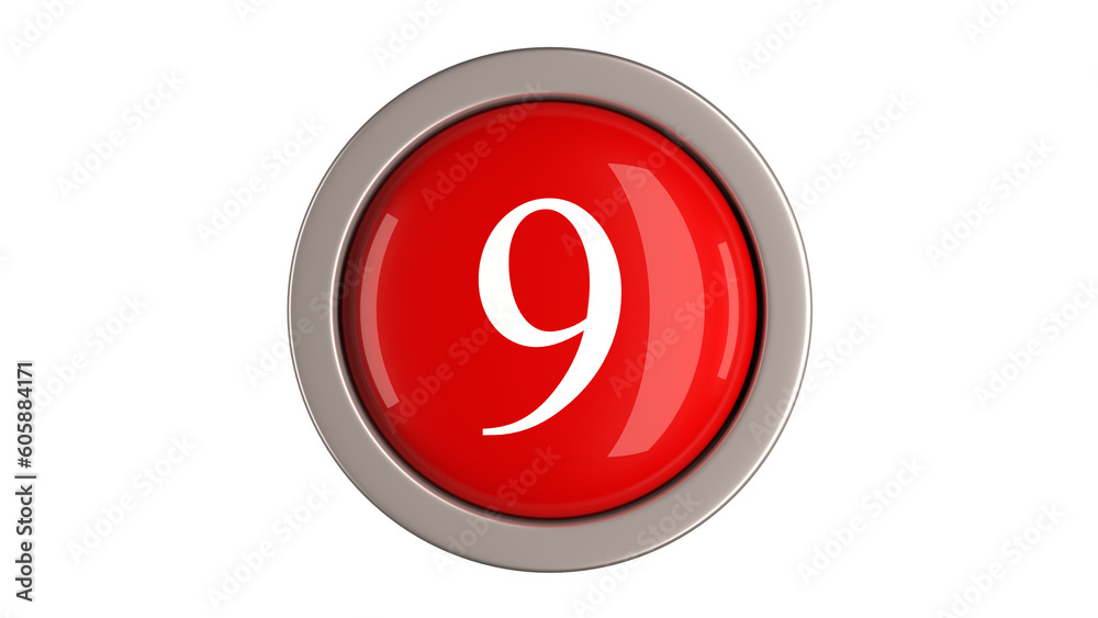 Red Button 3d with Number 9 white color on top, 3d button PNG isolated ...