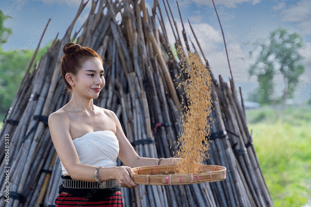 Asian girl wearing Thai traditional dress at the countryside in ...