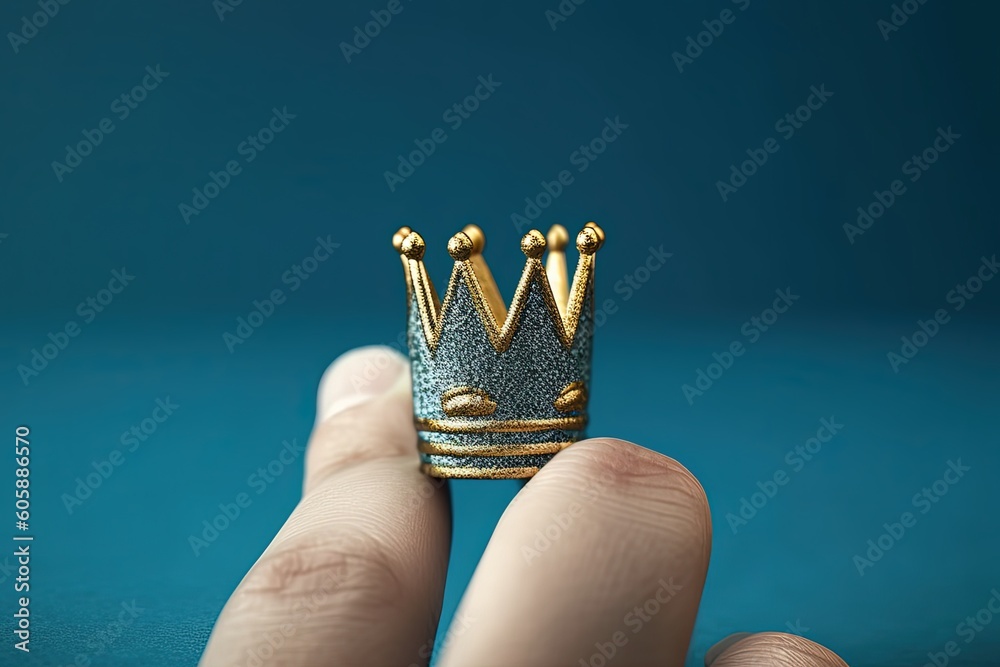 design for A middle finger with gold crown on blue background. Concept ...