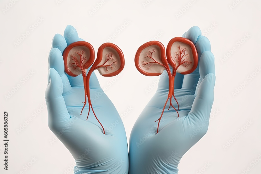 design for Human kidneys between two palms of hand on white isolated ...