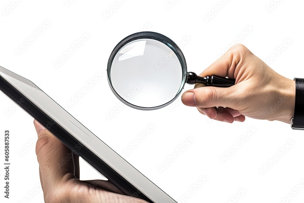 design for The human hand with magnifier stick out of a digital tablet ...