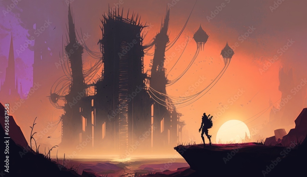man walking to the spider web castles at sunset, digital art style ...