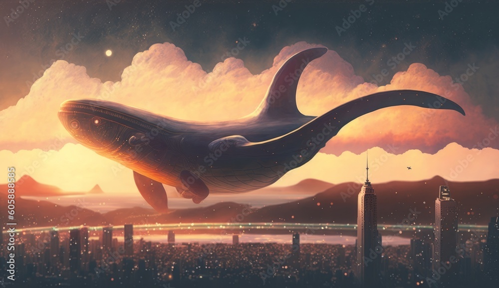 fantasy scenery of a giant whale flying above city against sunset sky ...