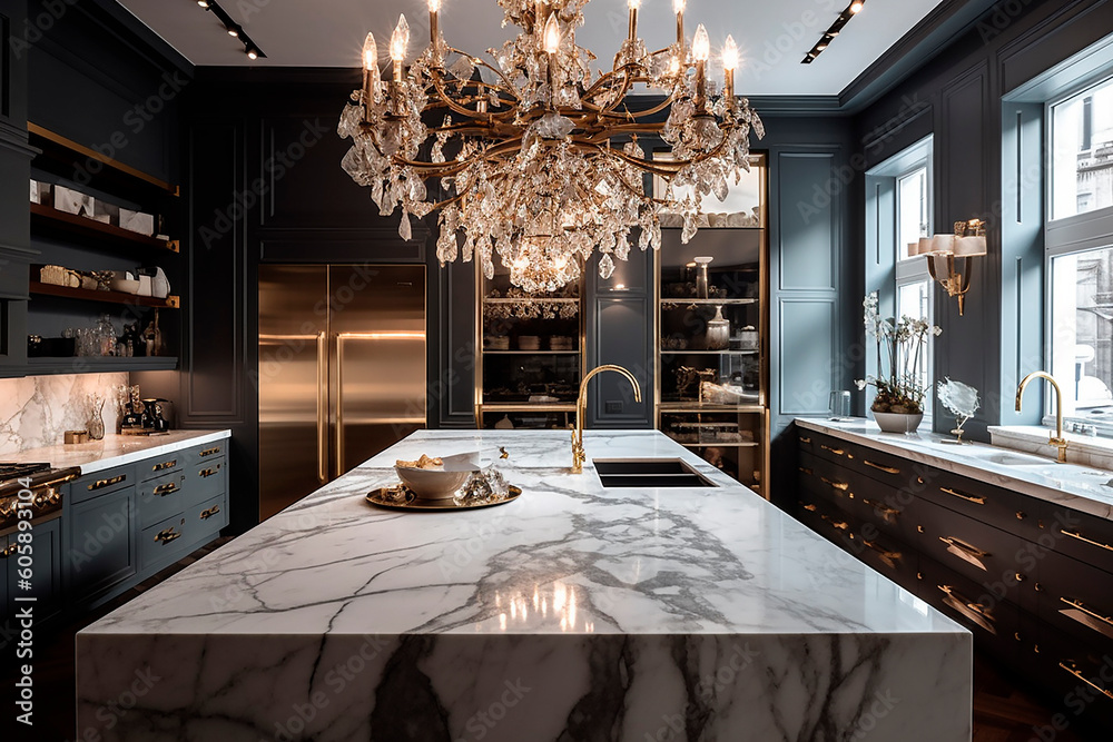 Foto de Large island in an opulent kitchen with stainless steel ...
