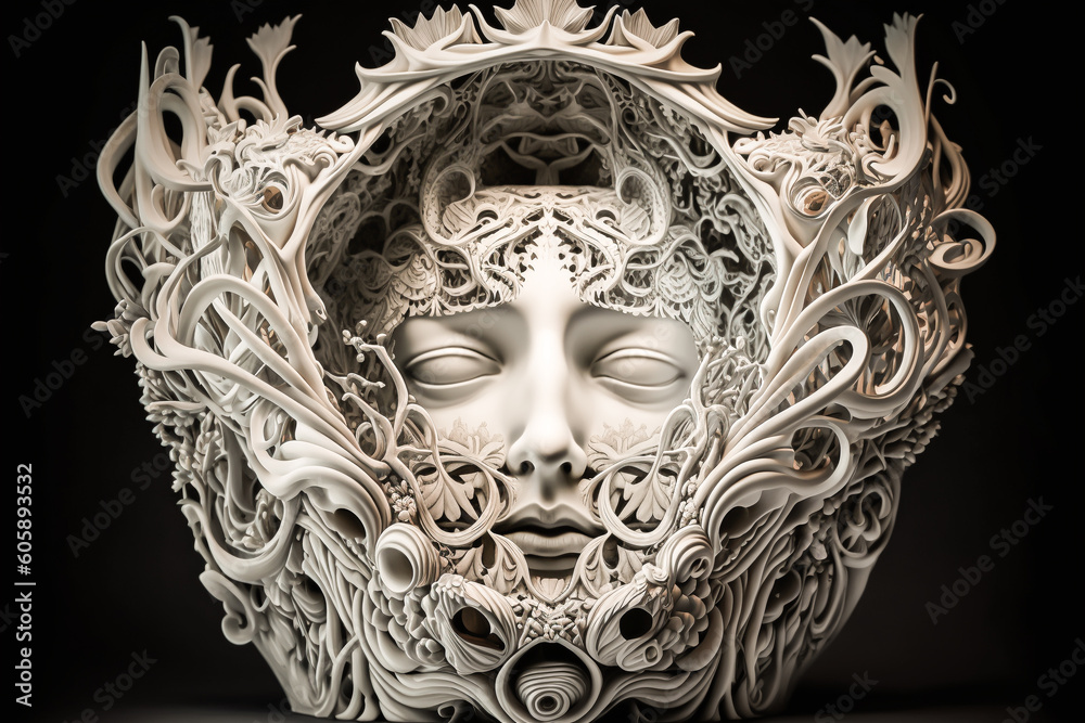 Mysterious woman face monument with ominous decorations. 3D rendered ...