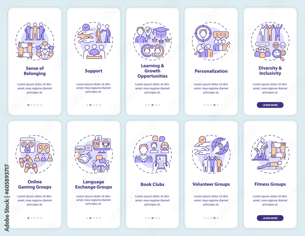 Micro community onboarding mobile app screen set. People connection ...