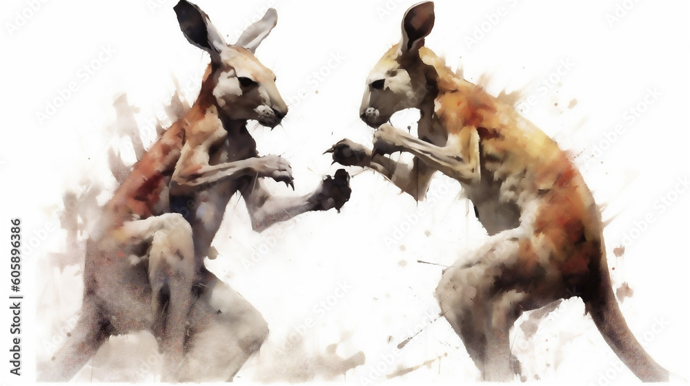 Generative AI, Fierce Encounter: Kangaroo Boxing in Watercolor Stock ...
