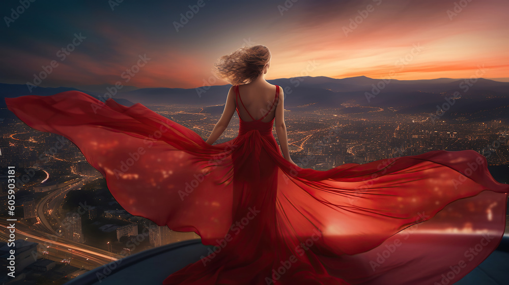 Fashion Woman in Red fluttering Dress Back Side Rear View. Glamour ...