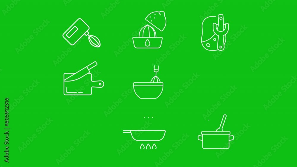 Animated kitchen utensil white icons. Cooking equipment line animation ...