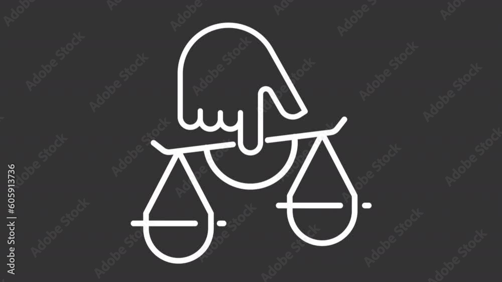 Justice white icon animation. Animated line hand holds balancing scale ...