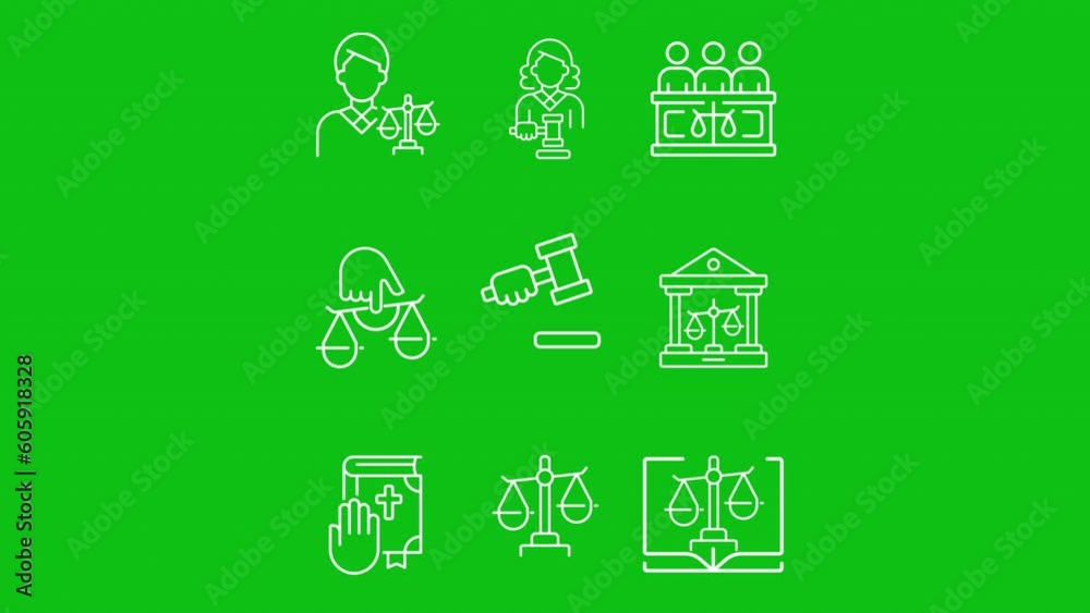 Court of law white icons animation. Animated line legal system ...