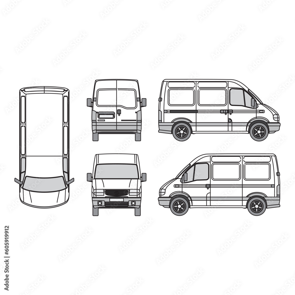 van outline, vintage 1998, isolated white background, front, back, top ...