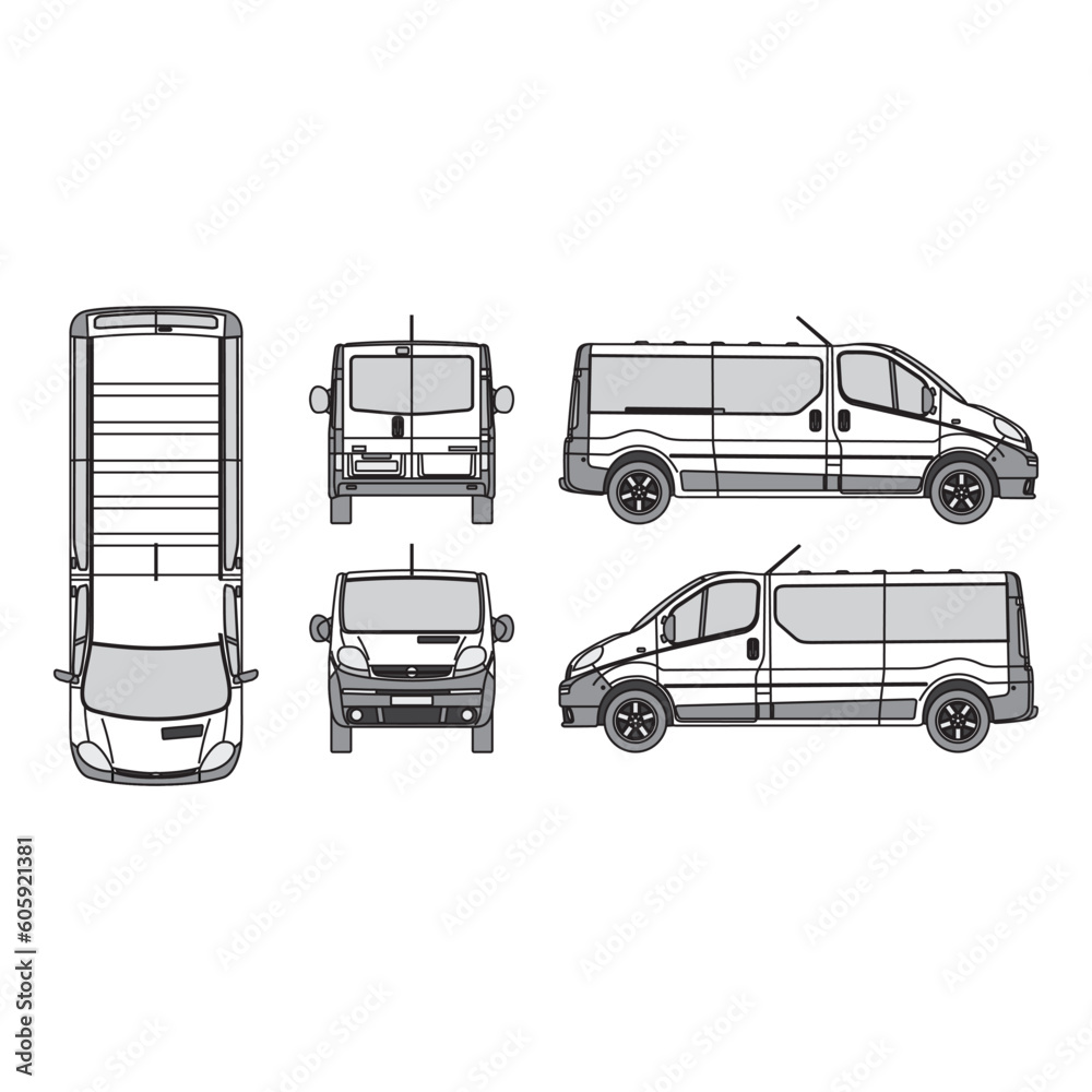 minibus car outline, vintage 2001 year, isolated white background ...