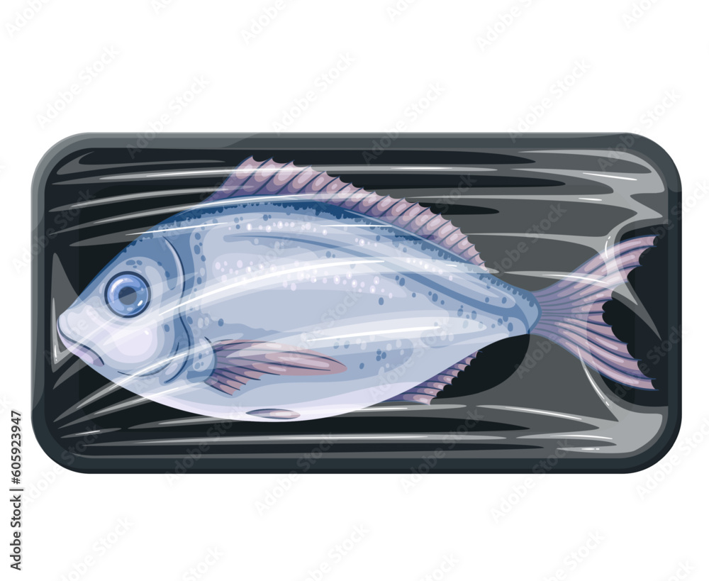 Fresh fish in plastic tray vector illustration. Cartoon isolated sea ...