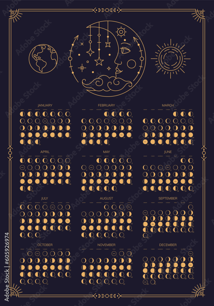 Moon calendar design template, lunar phases astronomical scheduler ...