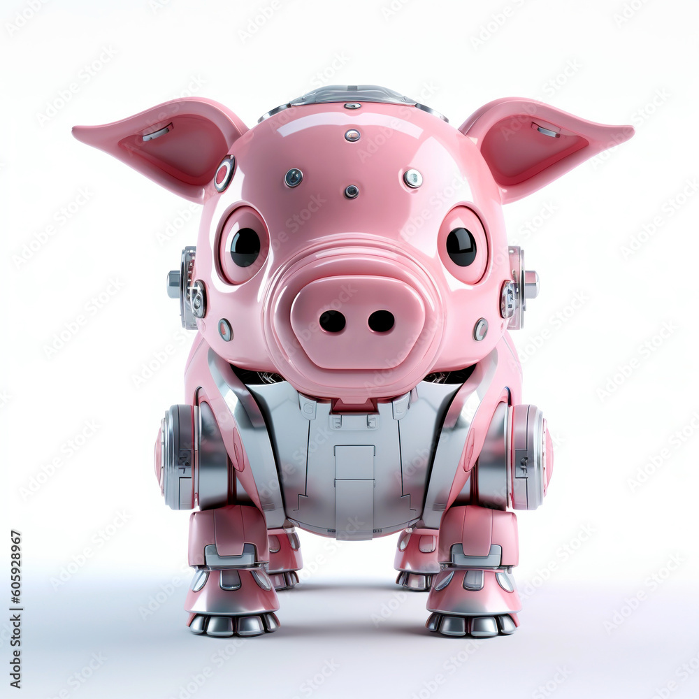 Cute pink pig robot, robotic farm animal isolated over white background ...