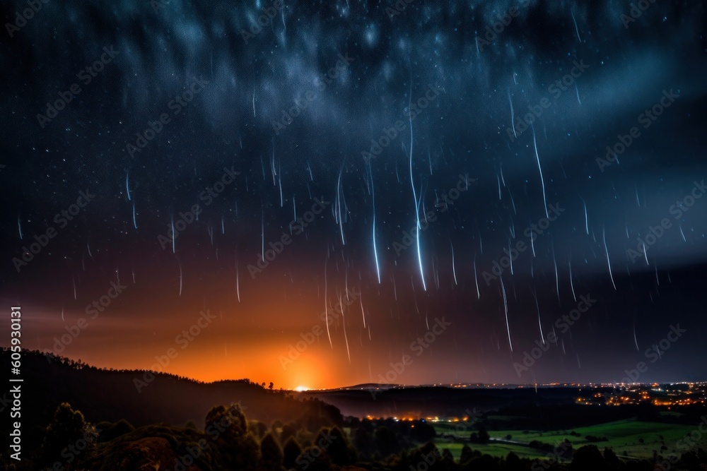 Some meteors rain from the sky through clouds. Meteor shower during ...
