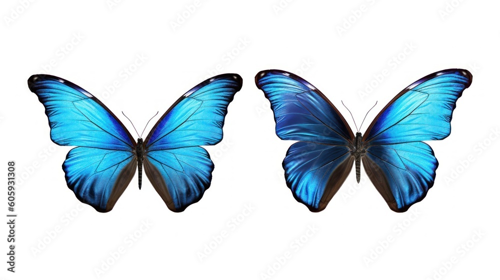 Set two beautiful blue tropical butterflies with wings spread and in ...
