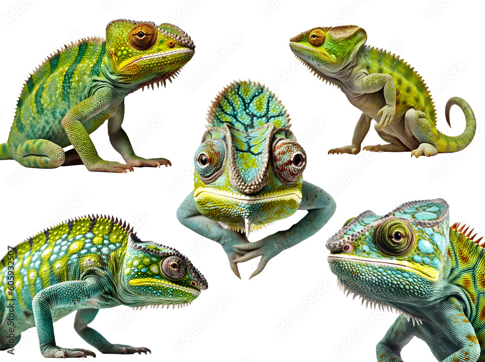 Chameleon reptile, many angles and view portrait side back head shot ...