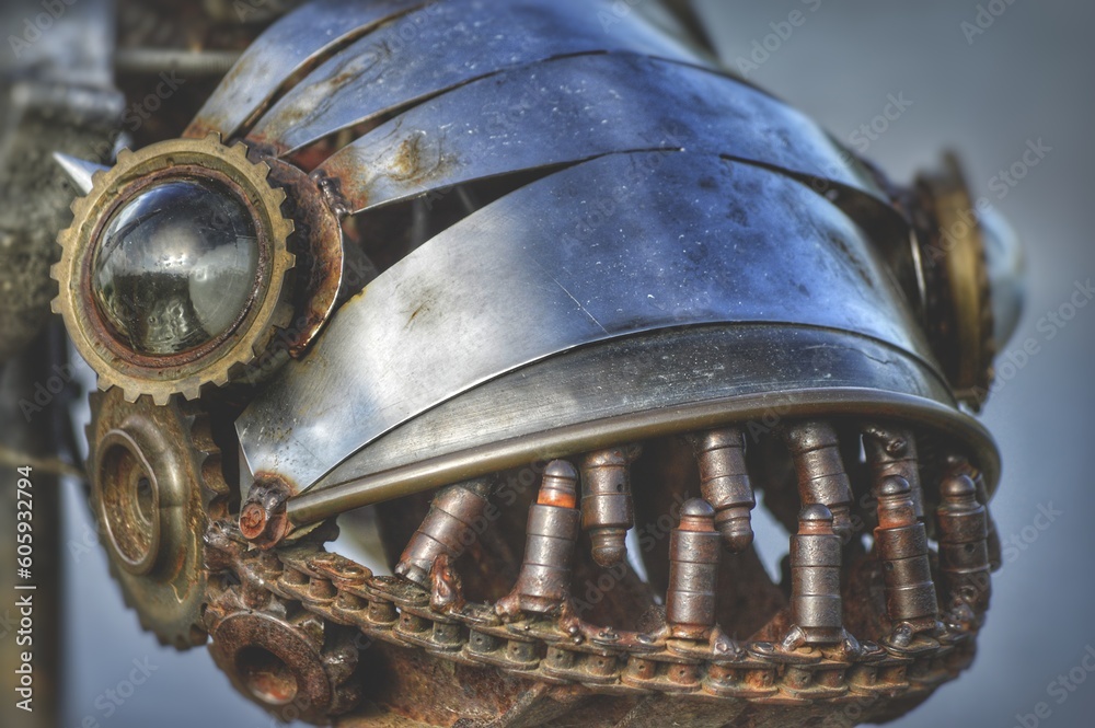 Robot face with metal plates and teethRobot face with metal plates and ...