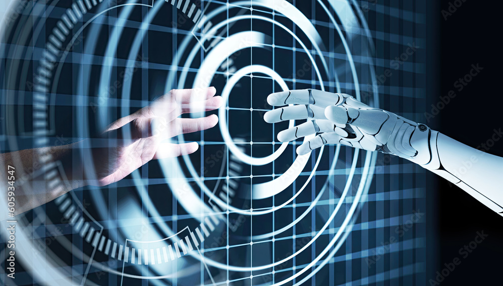 Hands of Robot and Human Touching together through computer moniter ...