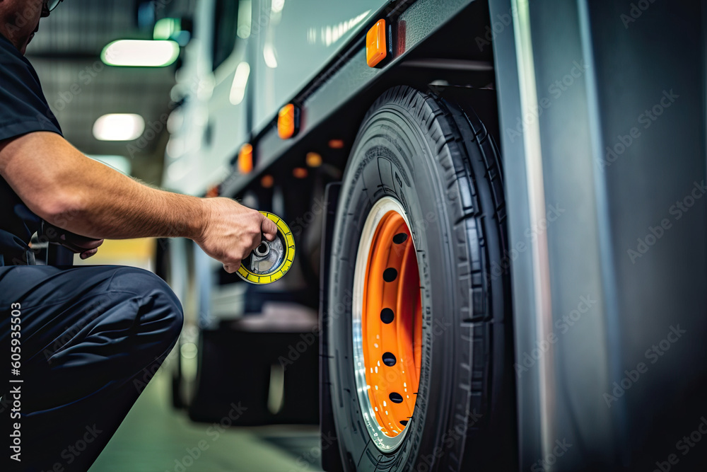 a man changing the tire on a semi - truck, which is being used by ...