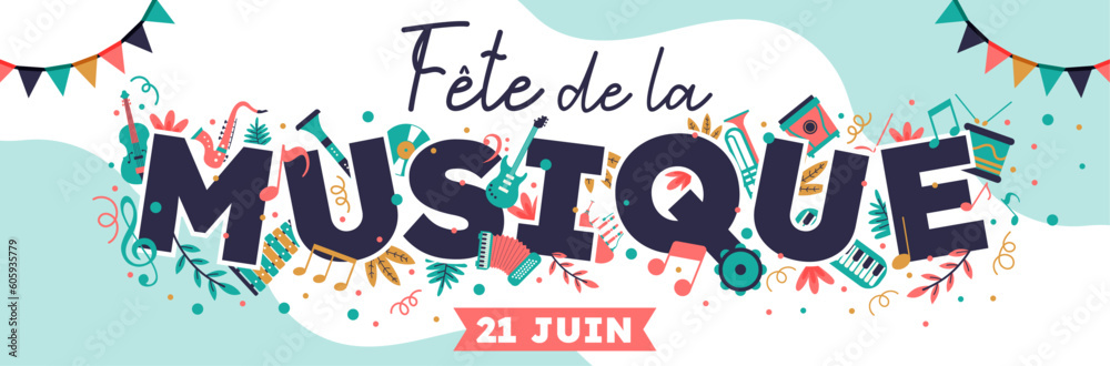 Fête de la musique - 21 juin - Bannière colorée et festive - Éléments ...