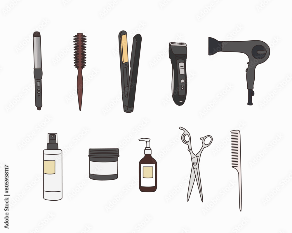 Poster Affiche various hairdressing tools like hair dryer comb 40x30 cm