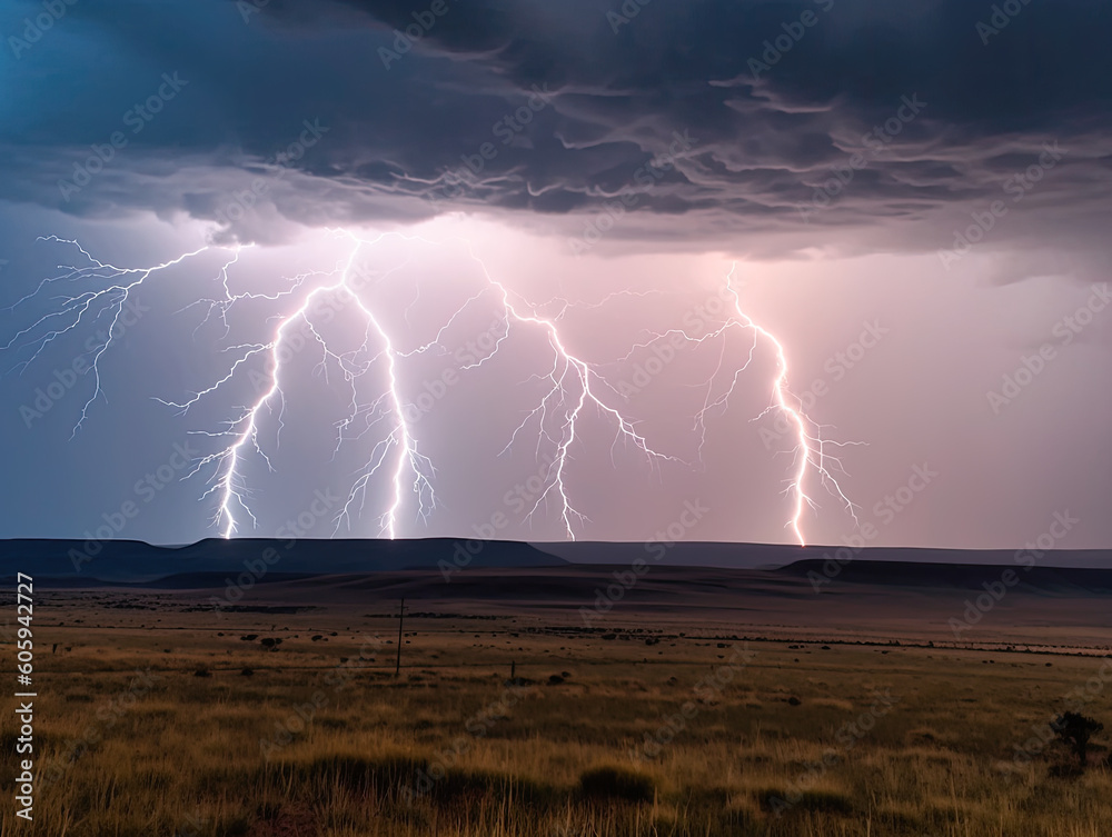 stormy sky with a series of cloud-to-ground lightning strikes ...