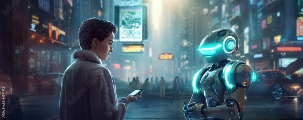 A young boy holding a smartphone and looking at a modern ai robot on a ...