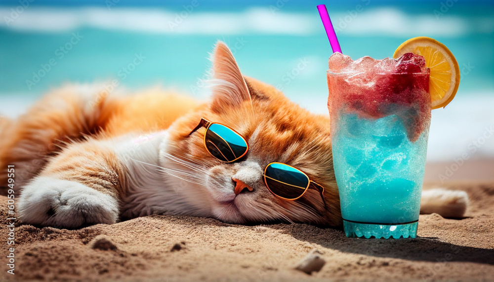 3d Comic Katze mit Sonnenbrille am Strand liegt im Sand und trinkt ...