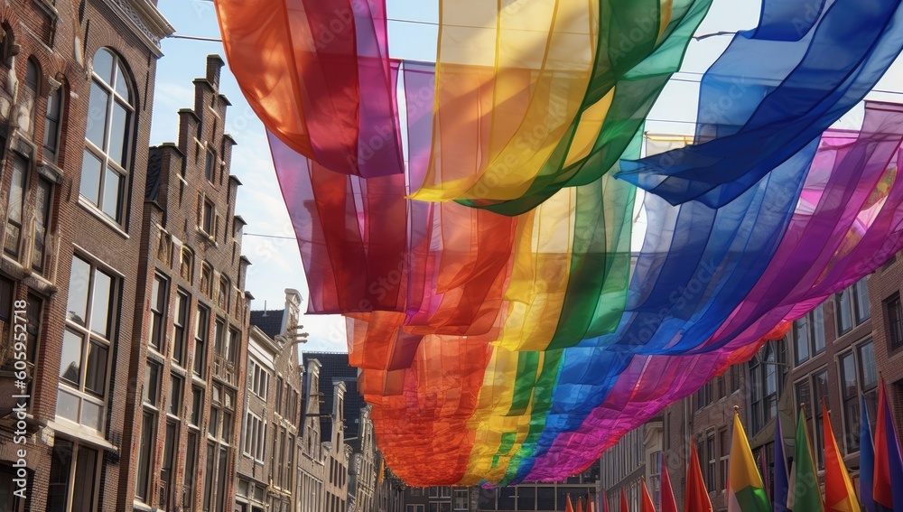 Rainbow flags hanging in a street of the city of Amsterdam, Netherlands ...