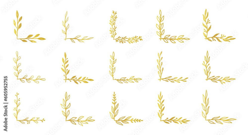 Gold corner border floral, flower frame set. Hand drawn rustic sketch ...