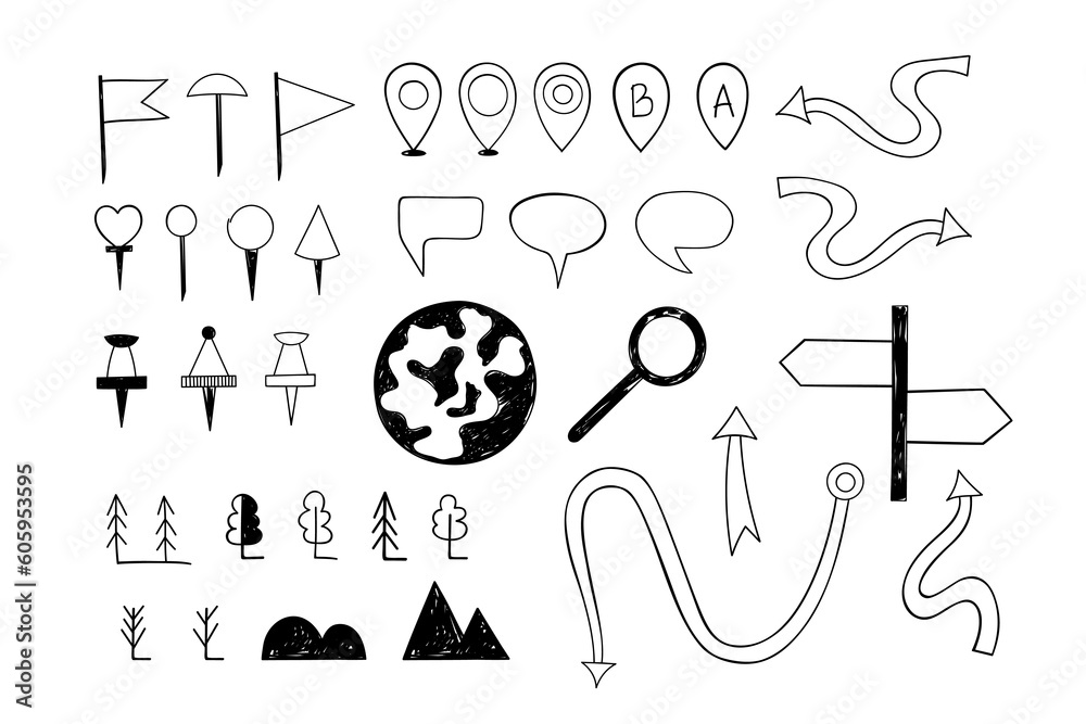 Hand-drawn map pointers. Set of navigation pins. Arrows and map markings. Map markings. Pointers ...