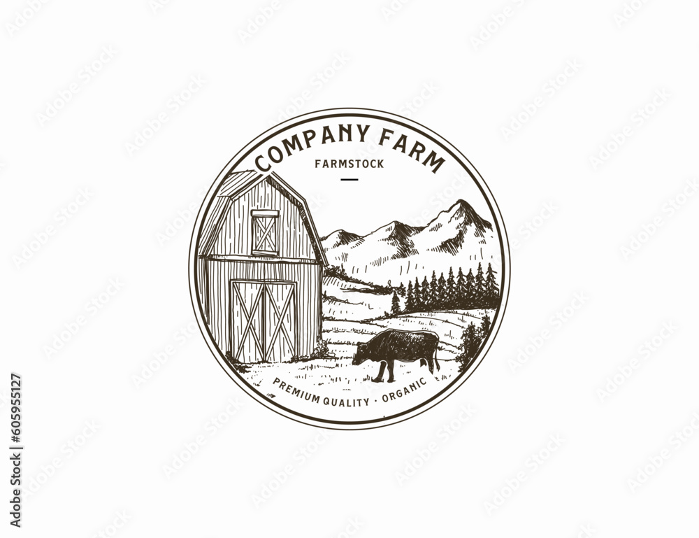 Vintage farm barn logo design with hand drawn retro and tree in ...
