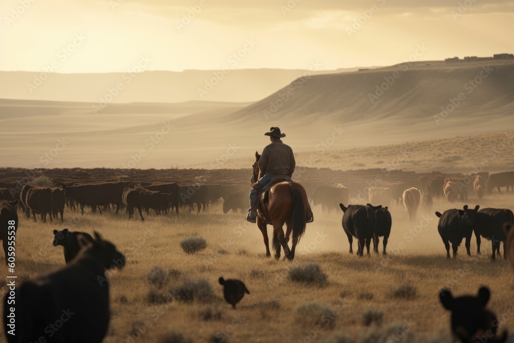 cowboy on horseback, leading his herd through the open plains, created ...
