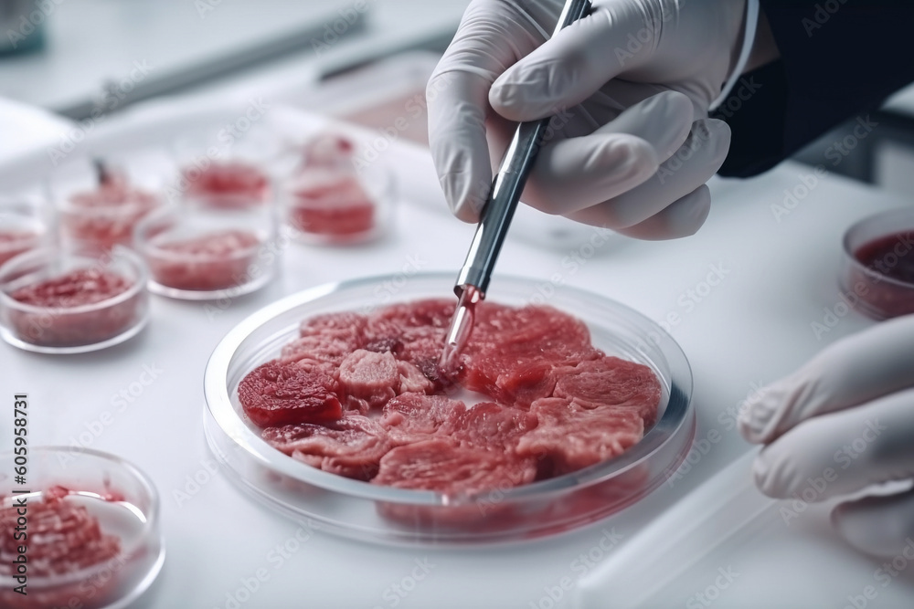 Generative AI. Meat sample in open disposable plastic cell culture dish ...