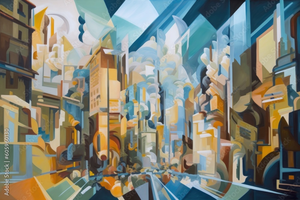 cubism-inspired painting of a busy city street, with the different ...