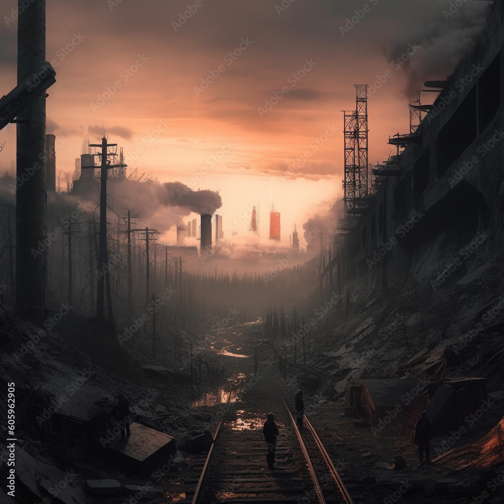 Generative AI. A futuristic cityscape surrounded by dirty energy sources with a post apocalyptic ...