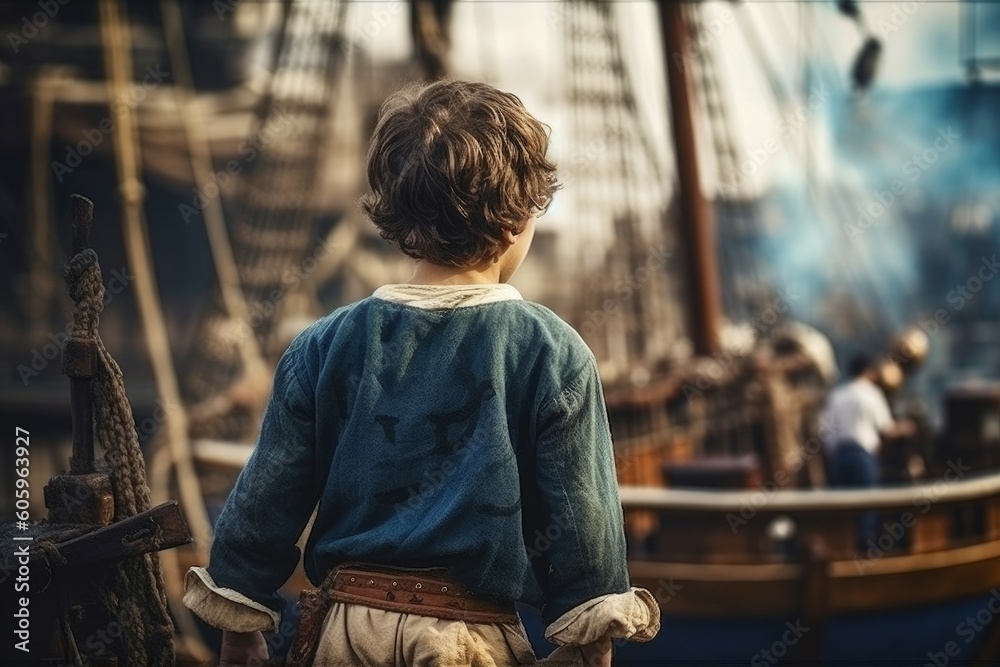 Pirate child boy aboard pirate ship. Generate Ai Stock Illustration ...